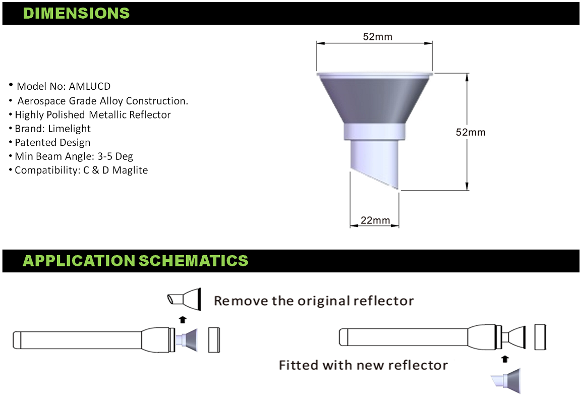 MAGLITE UPGRADE PARABOLIC REFLECTOR FLASHLIGHT TORCH C & D SIZE ...