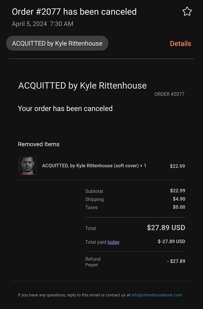 My book order for Acquitted by Kyle Rittenhouse was canceled. > General ...